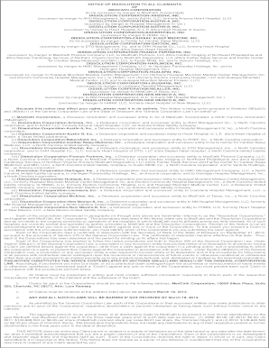 Fillable Online NOTICE OF DISSOLUTION TO ALL CLAIMANTS Fax Email Print ...