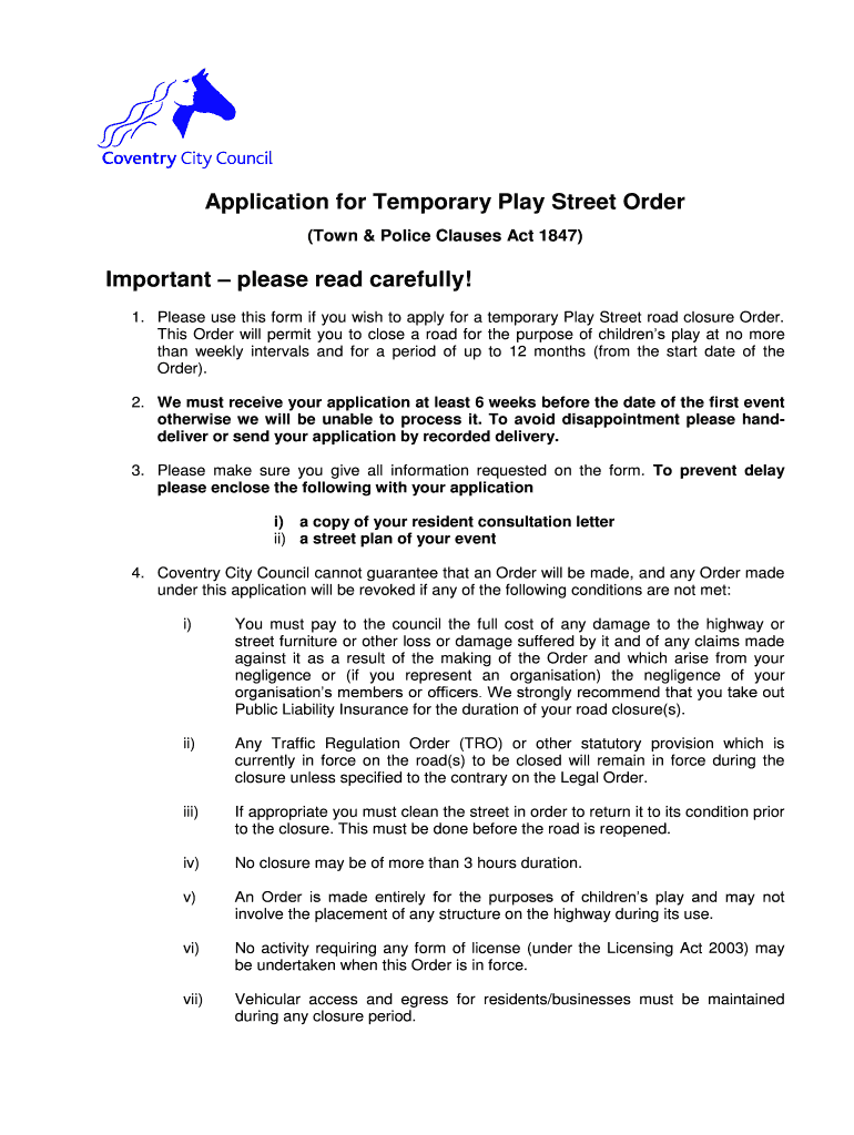 Fillable Online Application for Temporary Play Street Order Fax Email ...