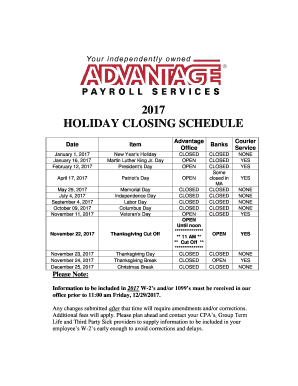 Fillable Online HOLIDAY CLOSING SCHEDULE Fax Email Print - pdfFiller