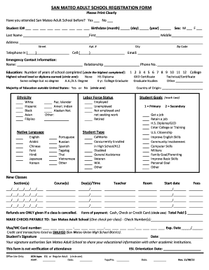 Fillable Online SAN MATEO ADULT SCHOOL REGISTRATION FORM Fax Email ...