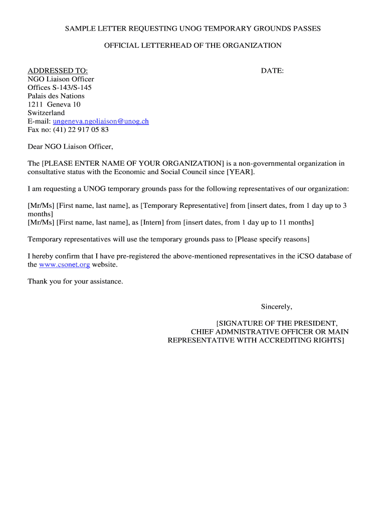 Fillable Online SAMPLE LETTER REQUESTING UNOG TEMPORARY GROUNDS PASSES ...