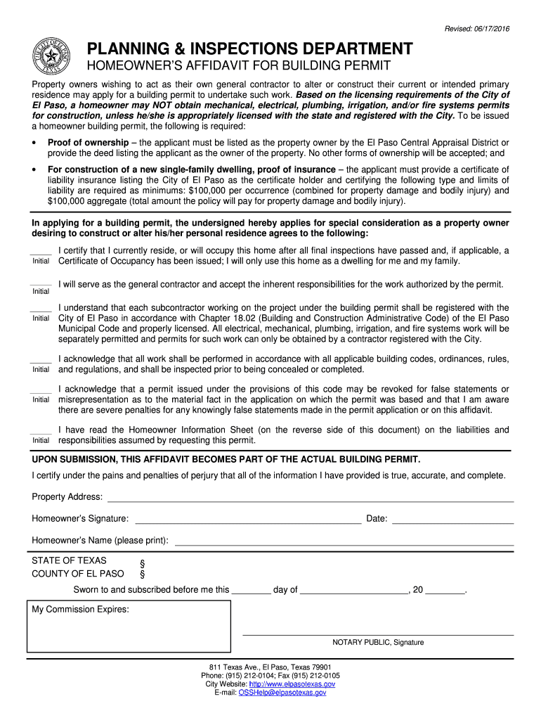 Fillable Online HOMEOWNERS AFFIDAVIT FOR BUILDING PERMIT Fax Email ...