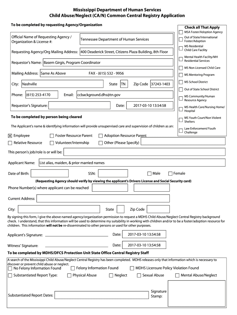 Fillable Online Child Abuse/Neglect (CA/N) Common Central Registry ...