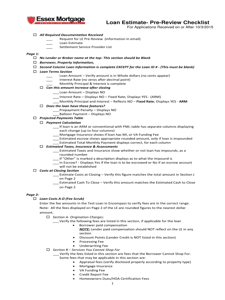 Fillable Online Loan Estimate- Pre-Review Checklist Fax Email Print ...