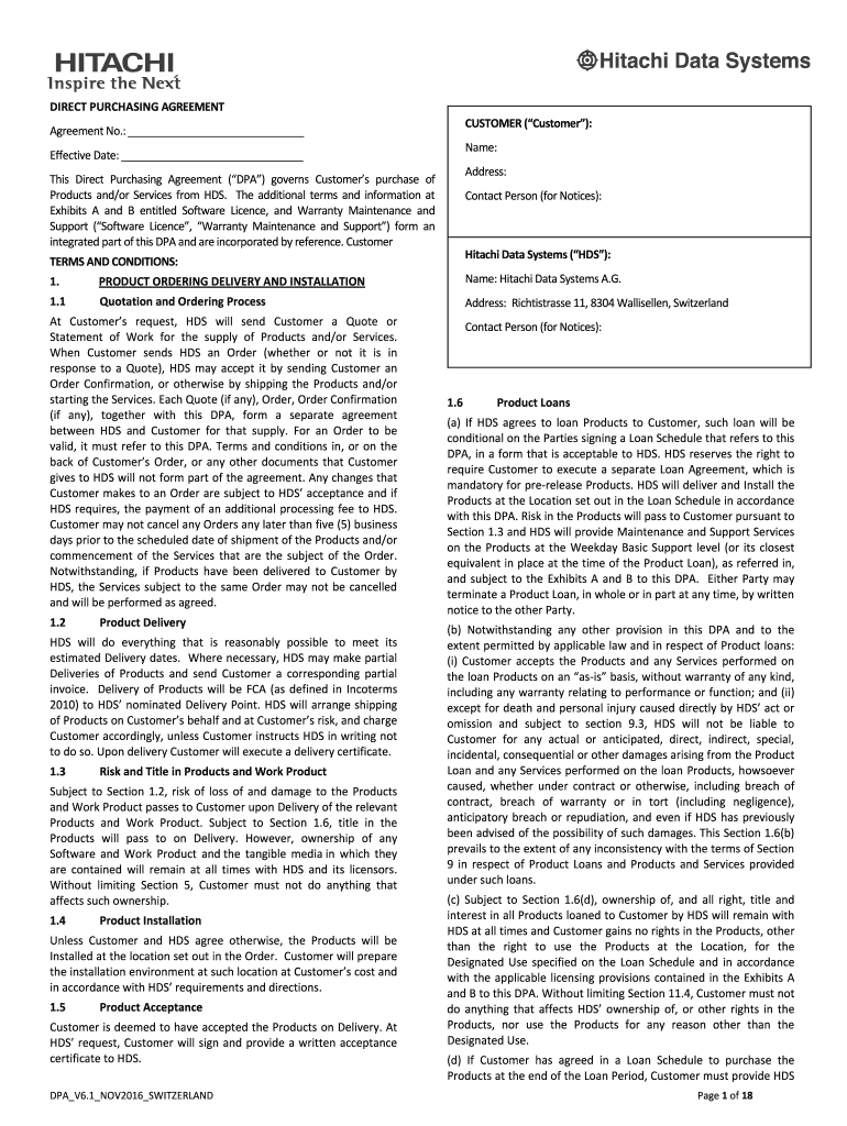 Fillable Online Direct Purchasing Agreement - Hitachi Data Systems ...