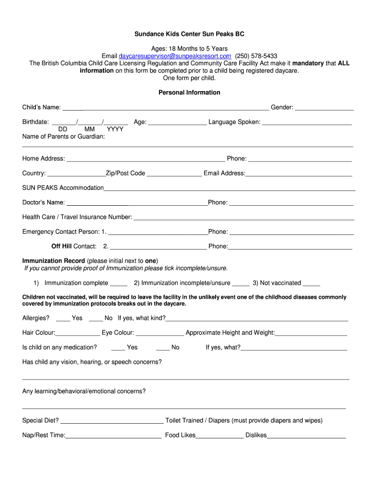 Fillable Online Sundance Kids Center Sun Peaks BC Fax Email Print - pdfFiller