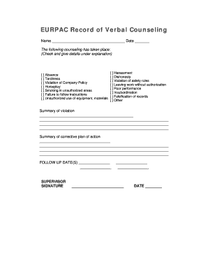 Fillable Online EURPAC Record of Verbal Counseling Fax Email Print ...