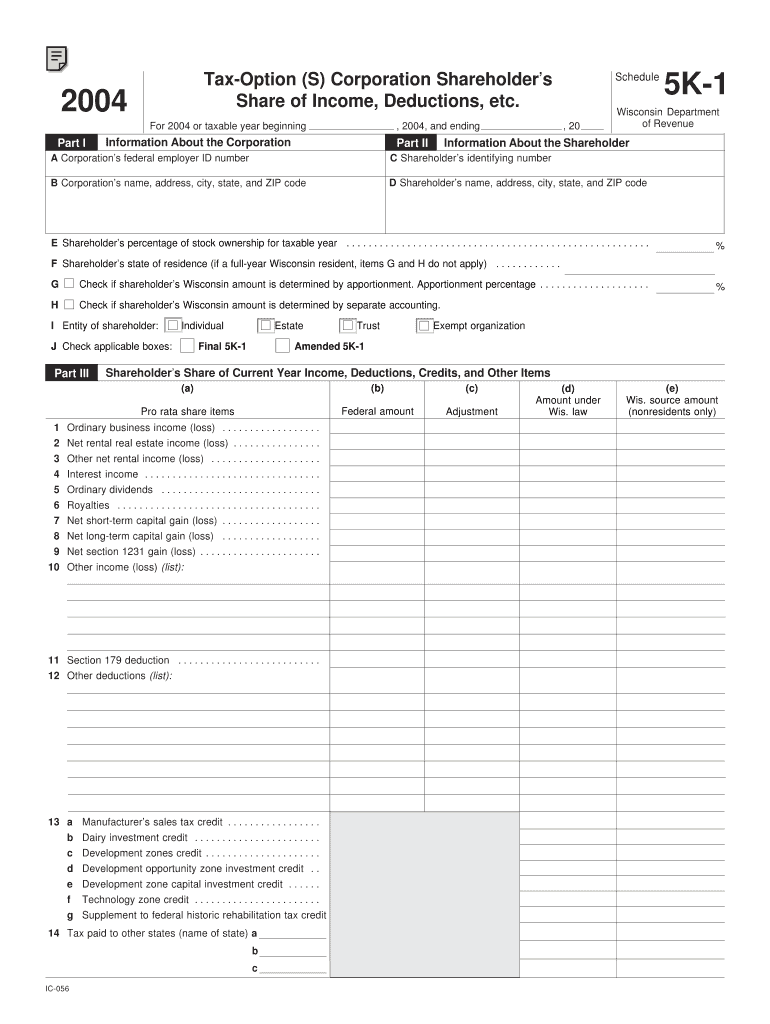 Fillable Online revenue wi 2004 IC-056 Schedule 5K-1- Tax-Option (S ...