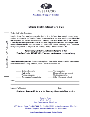 Fillable Online tutoringcenter fullcoll Class Referral Form (PDF) - Tutoring Center Fax Email ...