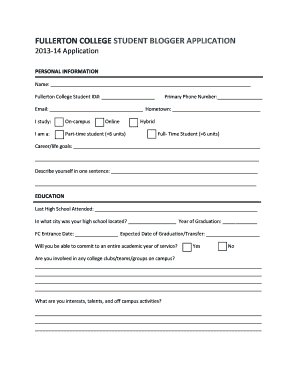 Fillable Online fullcoll FULLERTON COLLEGE STUDENT BLOGGER APPLICATION Fax Email Print - pdfFiller