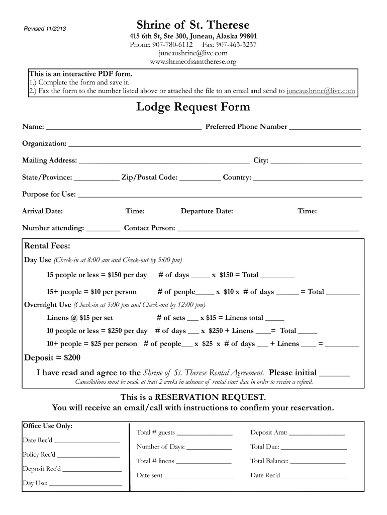 Fillable Online shrineofsainttherese Lodge Request Form Shrine of St ...
