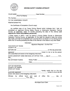 Fillable Online houstontx DRIVING SAFETY COURSE AFFIDAVITdoc ...