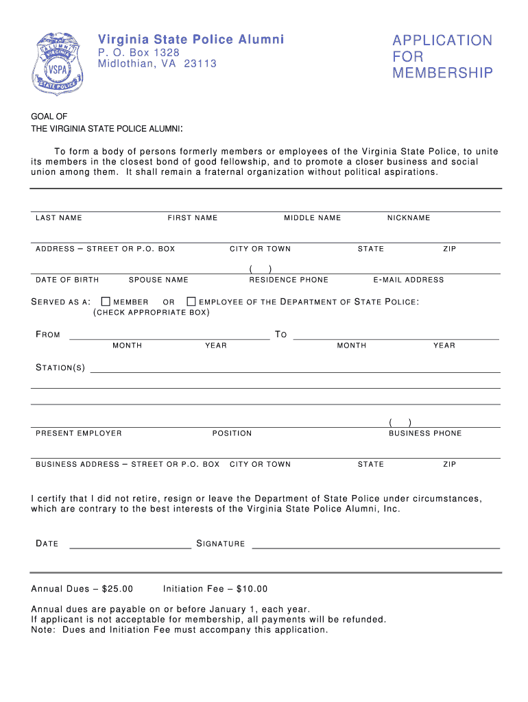 Fillable Online Virginia State Police Alumni Fax Email Print - pdfFiller