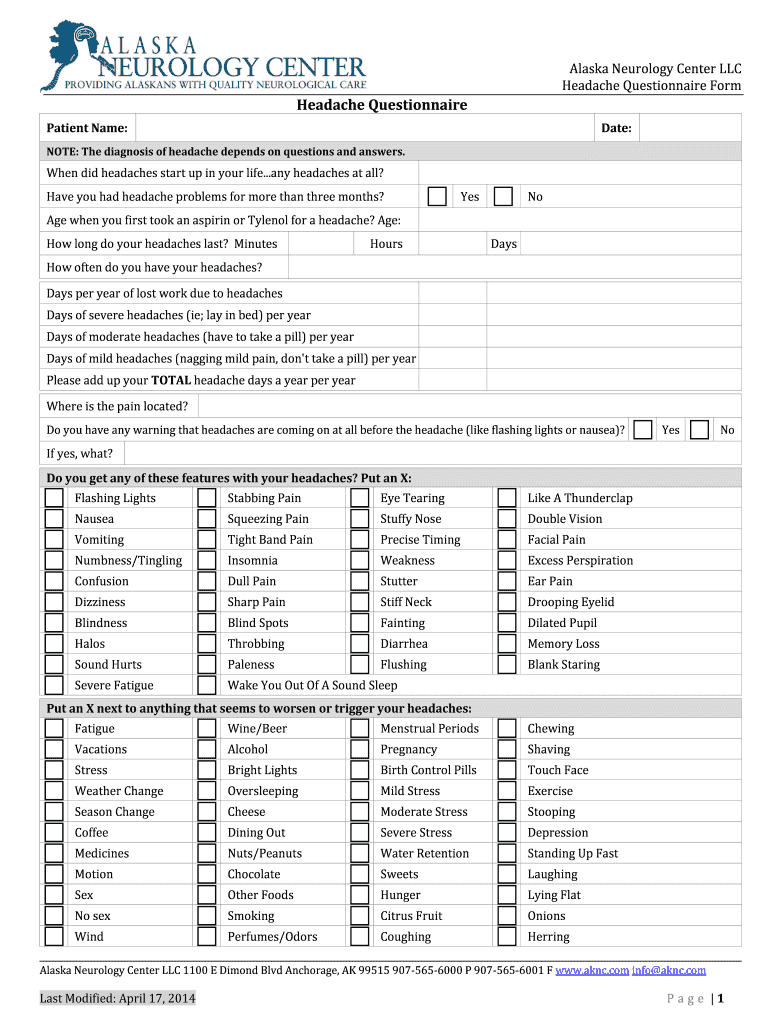 Fillable Online Headache Questionnaire Form - Alaska Neurology Center ...