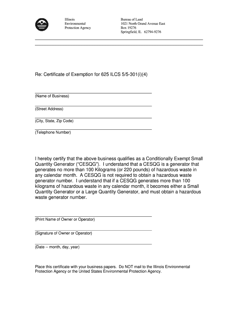 Illinois Certificate of Exemption for Automotive Repair - Blank ...