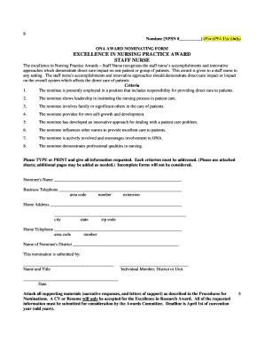 Fillable Online ONA AWARD NOMINATING FORM EXCELLENCE IN NURSING ...