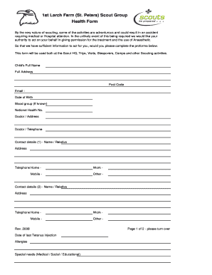 Fillable Online 1st Larch Farm (St. Peters) Scout Group Health Form ...