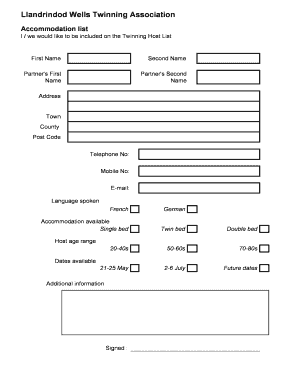 Fillable Online Host List Form - Llandrindod Wells Twinning Association ...