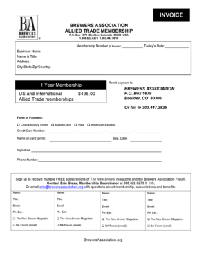 Fillable Online brewersassociation INVOICE - Brewers Association ...