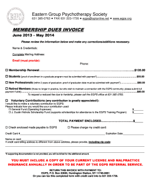 Fillable Online Membership dues invoice - Eastern Group Psychotherapy ...