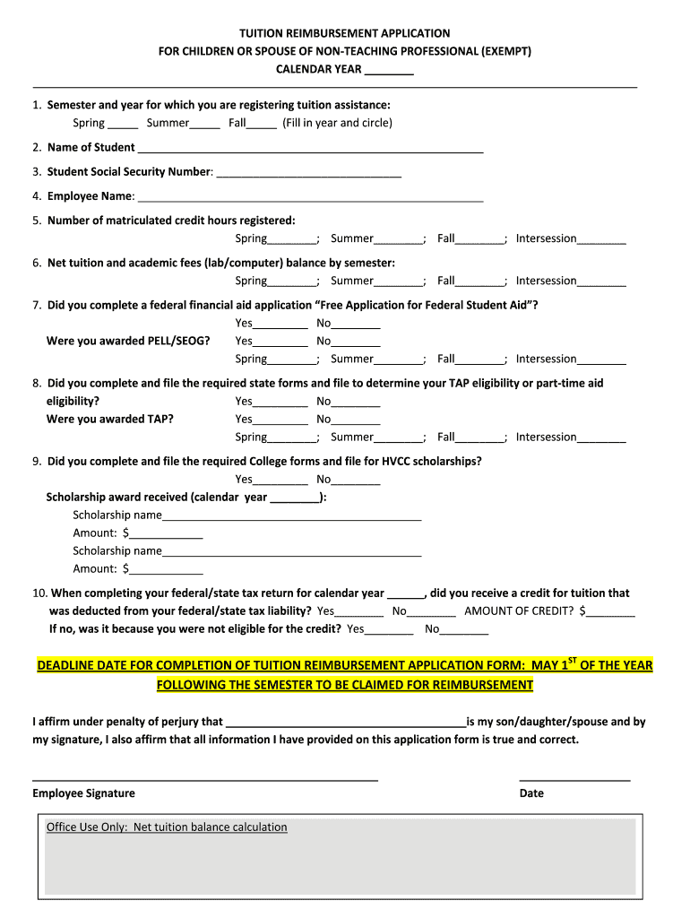 Fillable Online hvcc TUITION REIMBURSEMENT APPLICATION NTP EXEMPTdocx ...