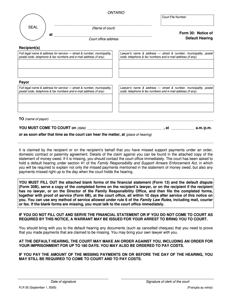 Fillable Online ontariocourtforms on Form 30: Notice of Default Hearing - Formules des Cours de ...