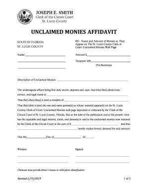 Fillable Online UNCLAIMED MONIES AFFIDAVIT - St Lucie Clerk Fax Email Print - pdfFiller