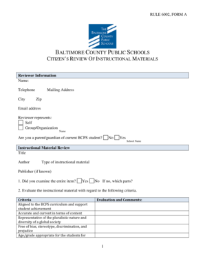 Fillable Online bcps RULE 6002, FORM A - Baltimore County Public ...