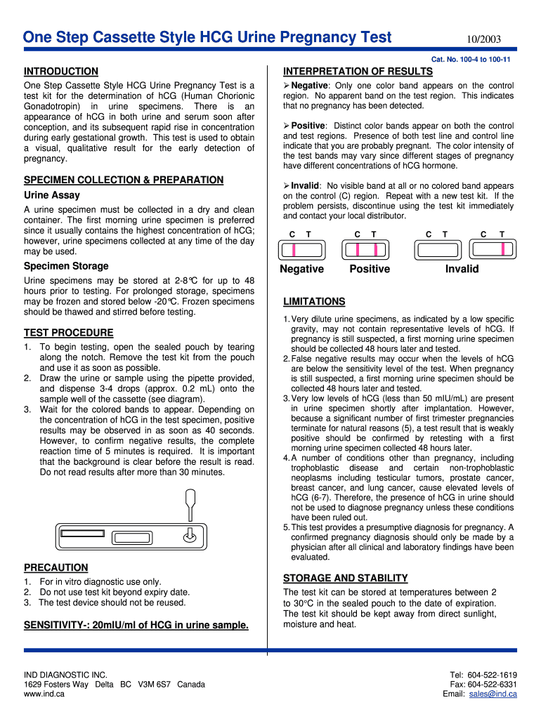 Fillable Online One Step Cassette Style HCG Urine Pregnancy Test Fax ...