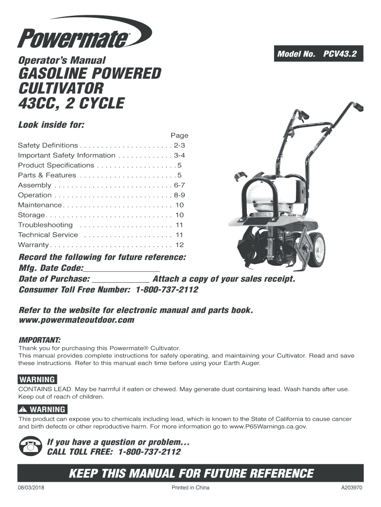Fillable Online Powermate Cultivator Operators Manual for PCV43 PCVR43 ...