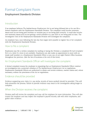 Fillable Online Employment Standards Formal Complaint Form Fax Email ...