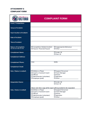 Fillable Online Attachment 3 Complaint Form - Netball Victoria ...