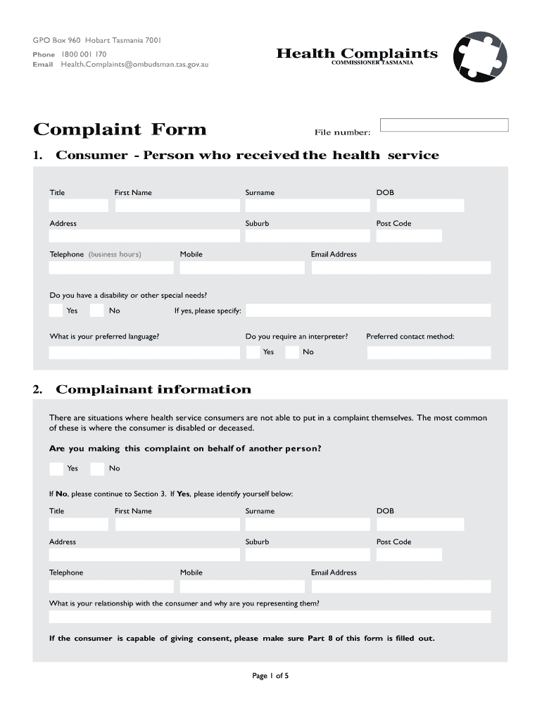Fillable Online healthcomplaints tas gov Printable complaint form ...