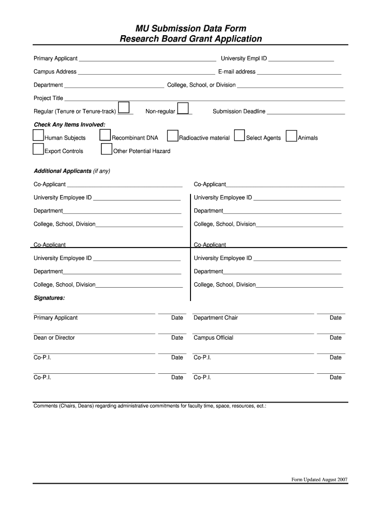Fillable Online research missouri MU Submission Data Form Research ...