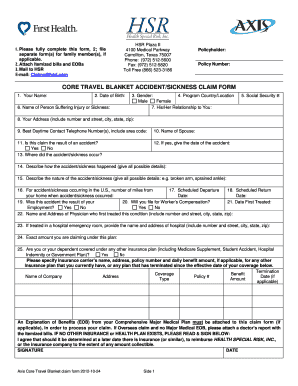 Fillable Online AXIS Core Travel Blanket Accident/Sickness Claim Form ...