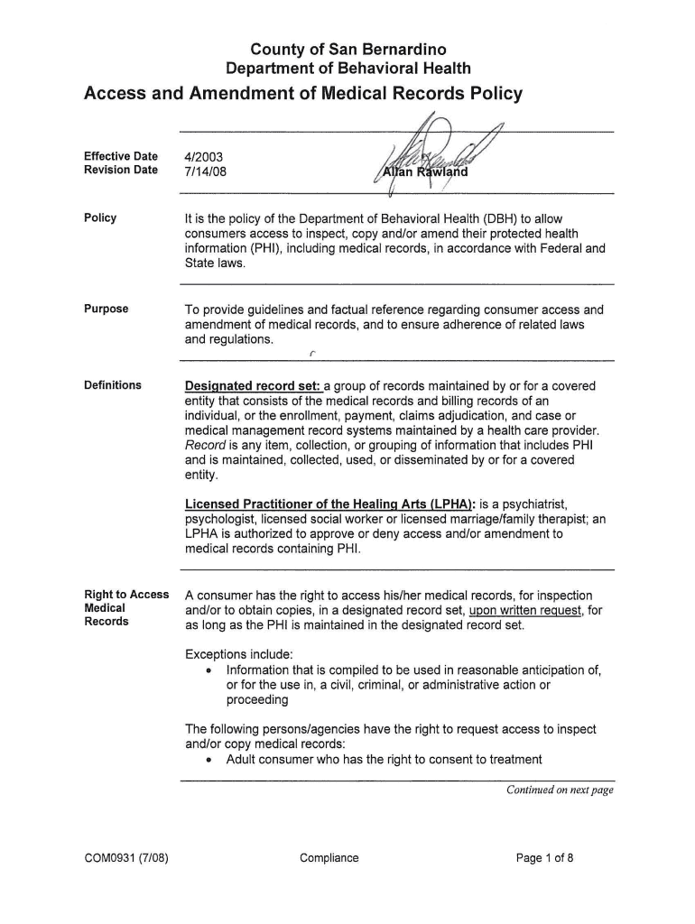 Fillable Online Access and Amendment of Medical Records Policy Fax ...