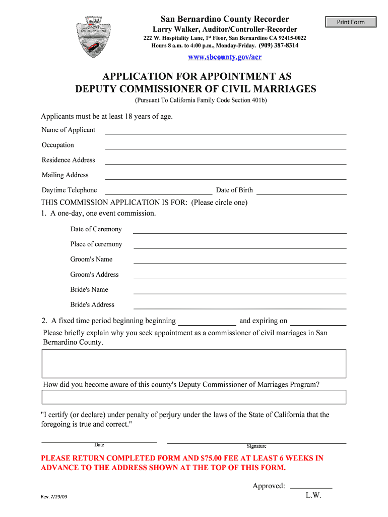 Fillable Online sbcounty APPLICATION FOR APPOINTMENT AS DEPUTY COMMISSIONER OF CIVIL Fax Email ...