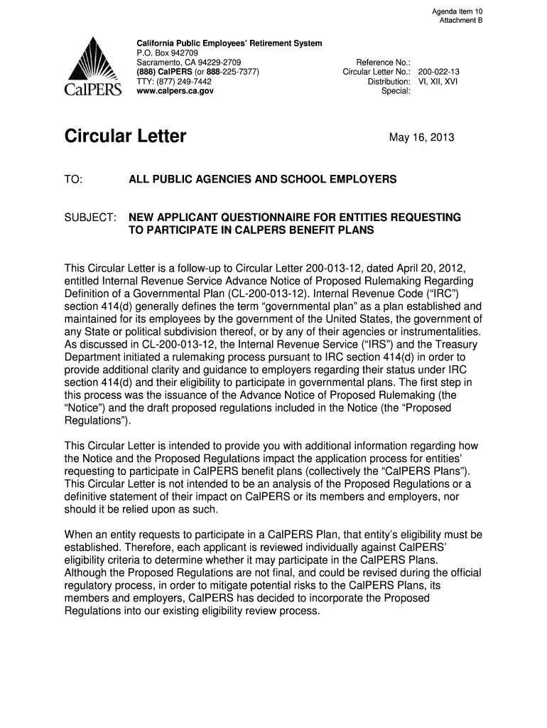 Fillable Online calpers ca Implementation of IRS Governmental Plan ...