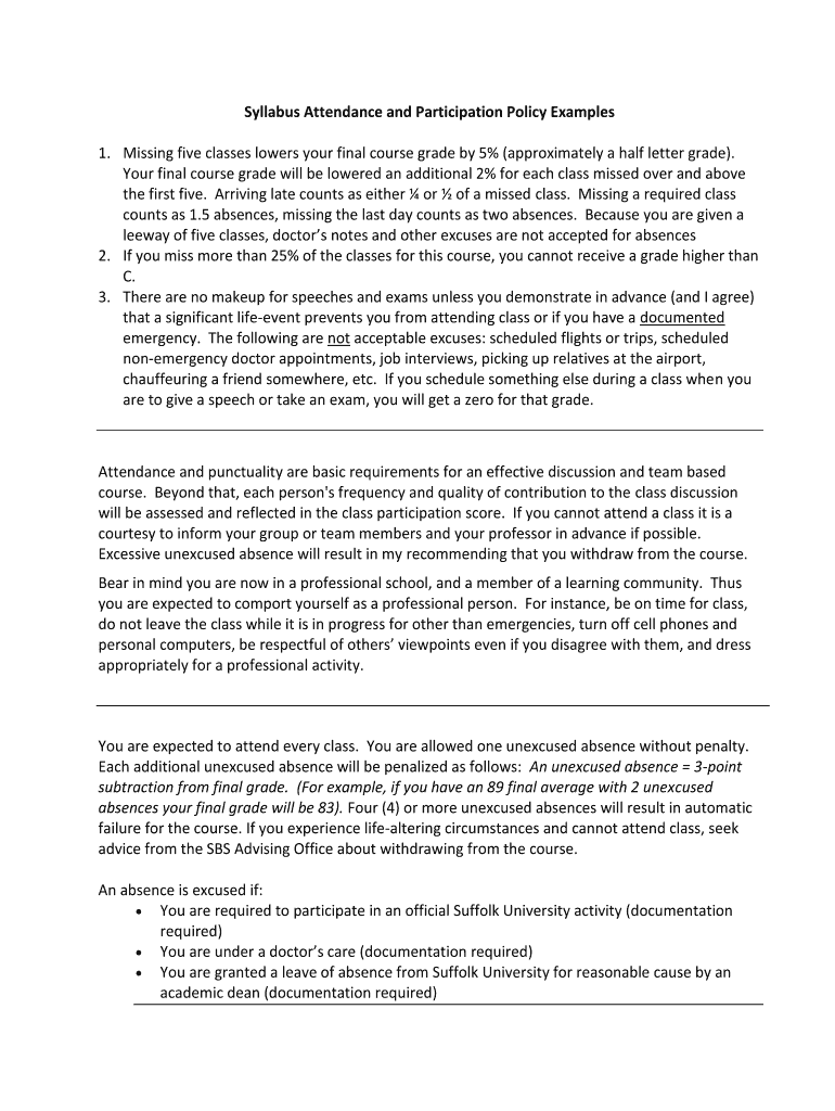 Fillable Online Syllabus Attendance and Participation Policy Examples ...