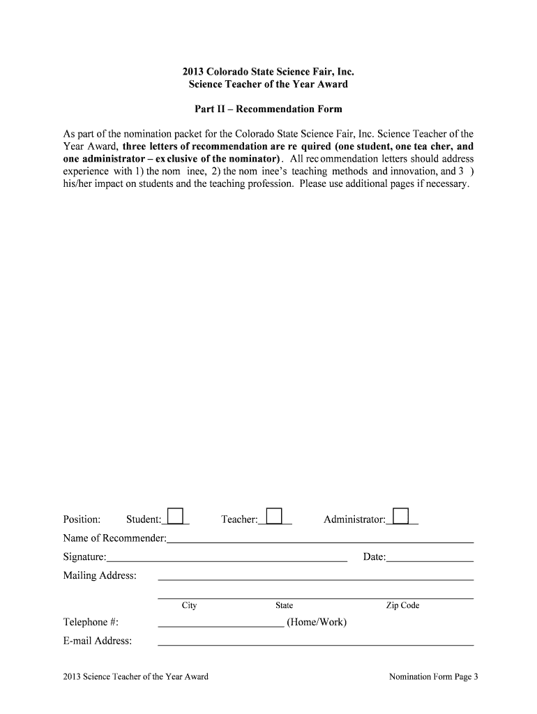 Fillable Online Part II - Recommendation Form - Colorado Science and Engineering ... Fax Email ...