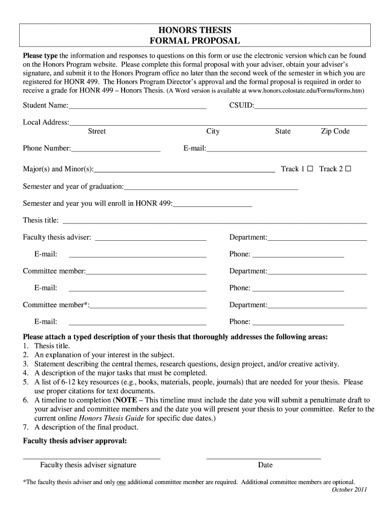 Fillable Online colostate HONORS THESIS FORMAL PROPOSAL - colostate Fax Email Print - pdfFiller