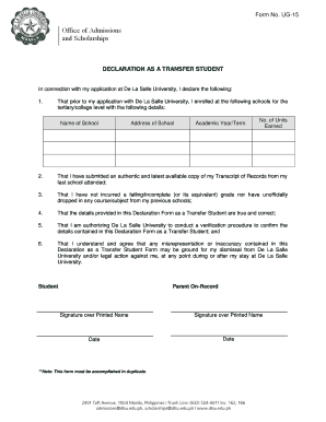 Fillable Online dlsu edu DECLARATION AS A TRANSFER STUDENT - De La ...
