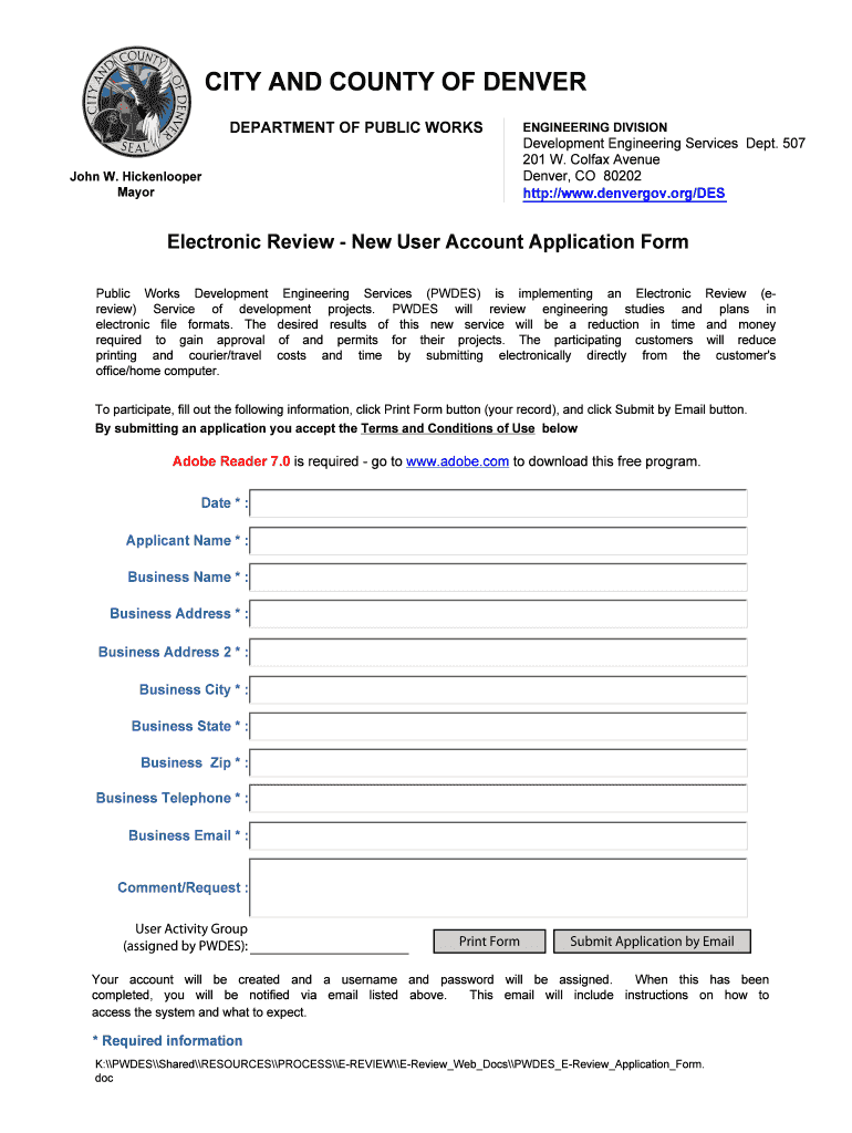 Fillable Online denvergov Electronic Review - New User Account Application Form Fax Email Print ...