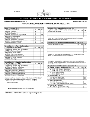 Fillable Online www2 kutztown PROGRAM REQUIREMENTS FOR BS IN ...