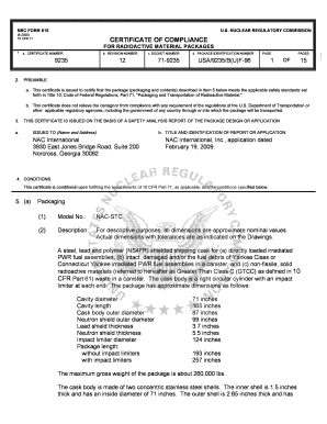 Fillable Online pbadupws nrc Enclosure 1 - Certificate of Compliance No ...