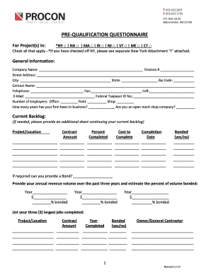 Fillable Online SUBCONTRACTOR Pre-Qualification Package 2014 - Pro Con ...