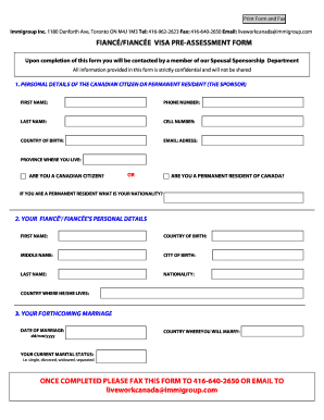Fillable Online FIANC /FIANC E VISA PRE-ASSESSMENT FORM ONCE ... Fax ...
