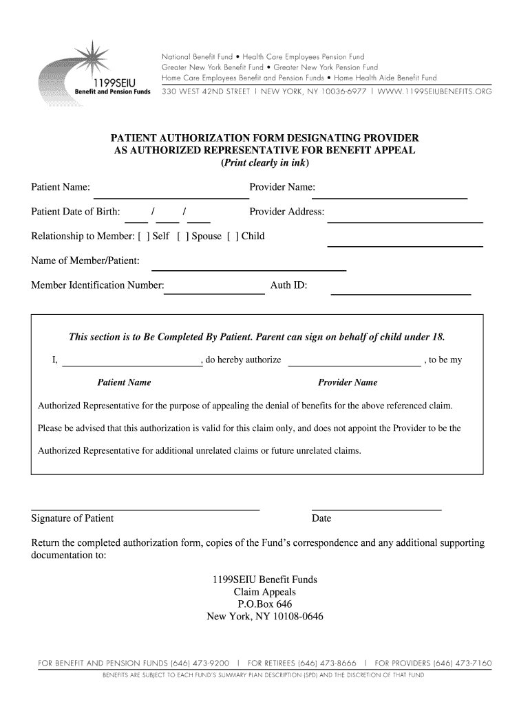 Fillable Online 1199seiubenefits PATIENT AUTHORIZATION FORM DESIGNATING PROVIDER AS AUTHORIZED ...