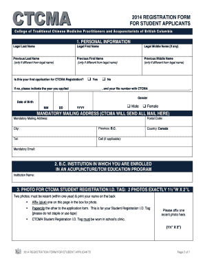 Fillable Online 2014 Student Registration Application - College of ...