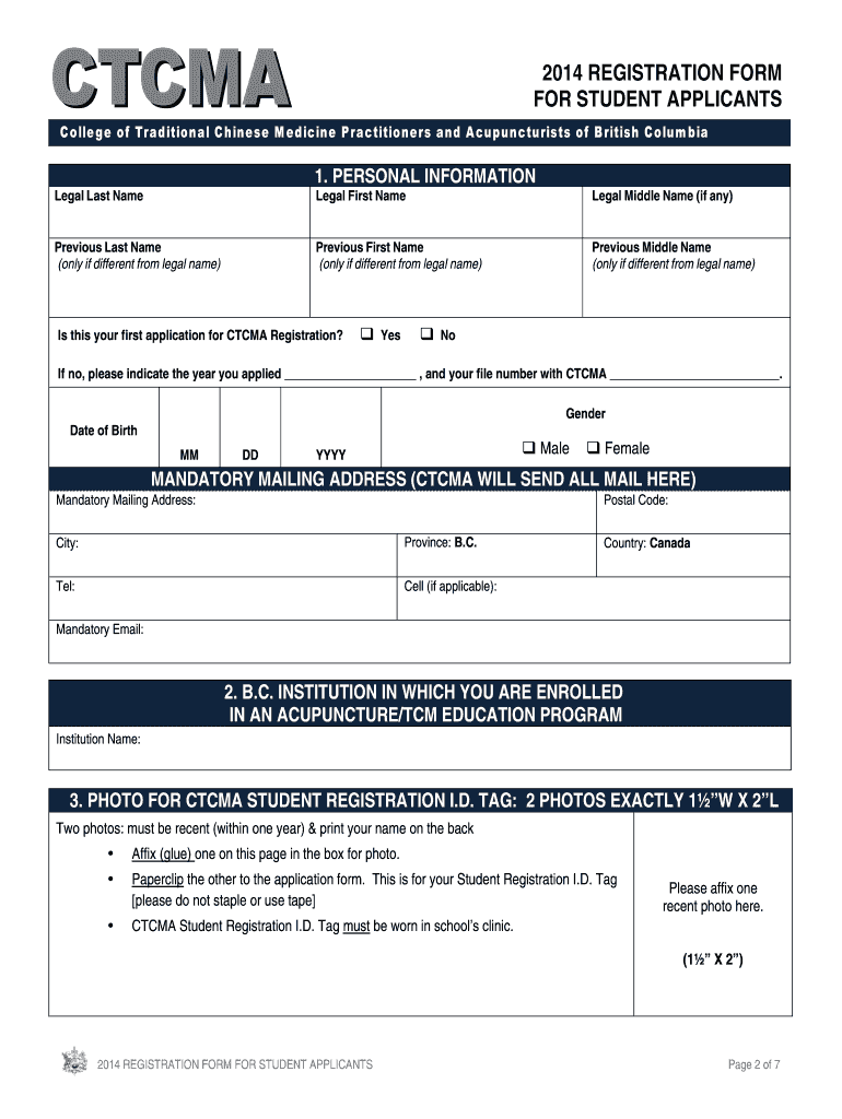 Fillable Online 2014 Student Registration Application - College of ...